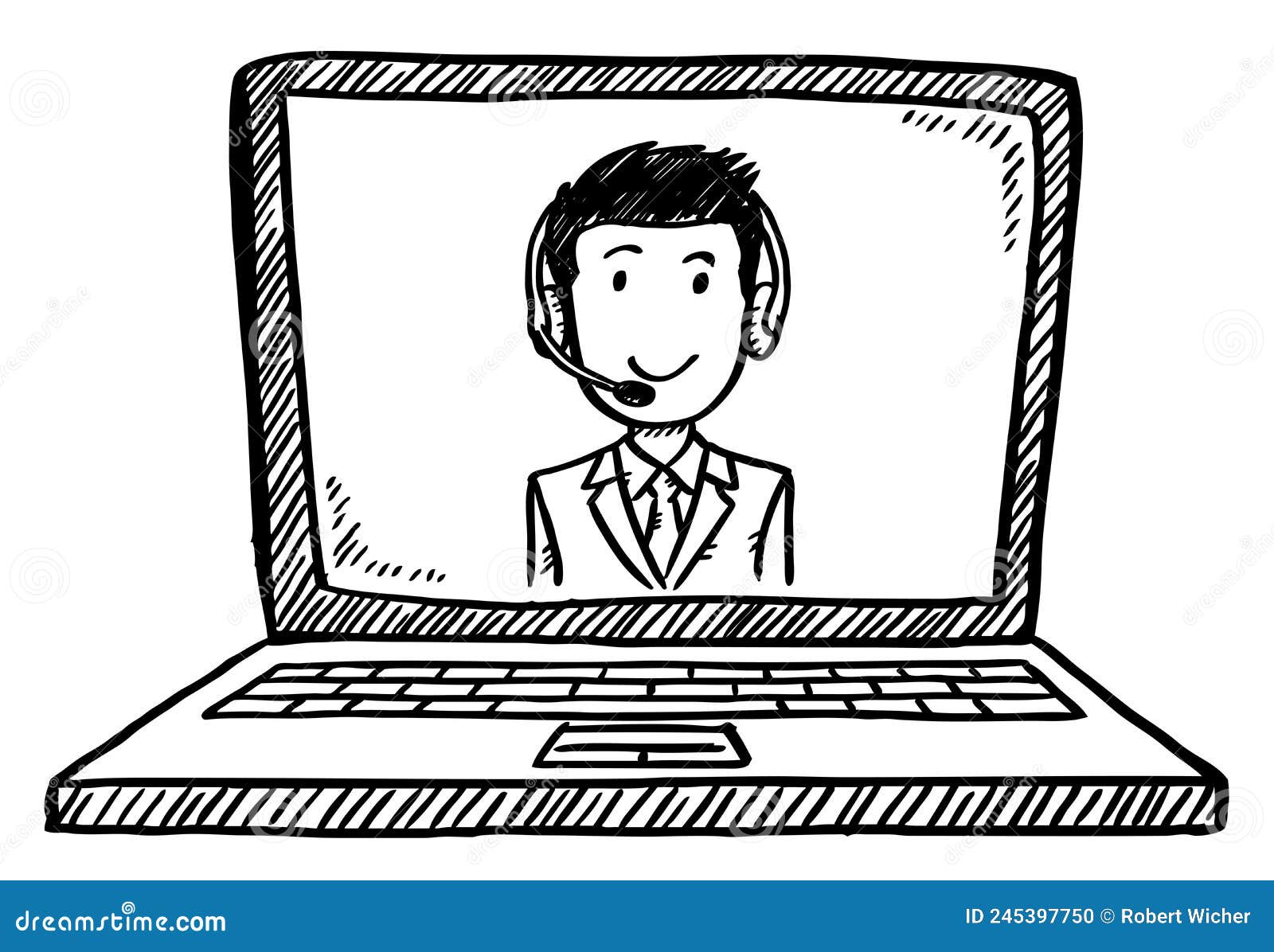 Cartoon Style Doodle of Customer Service Worker Showing on Notebook ...