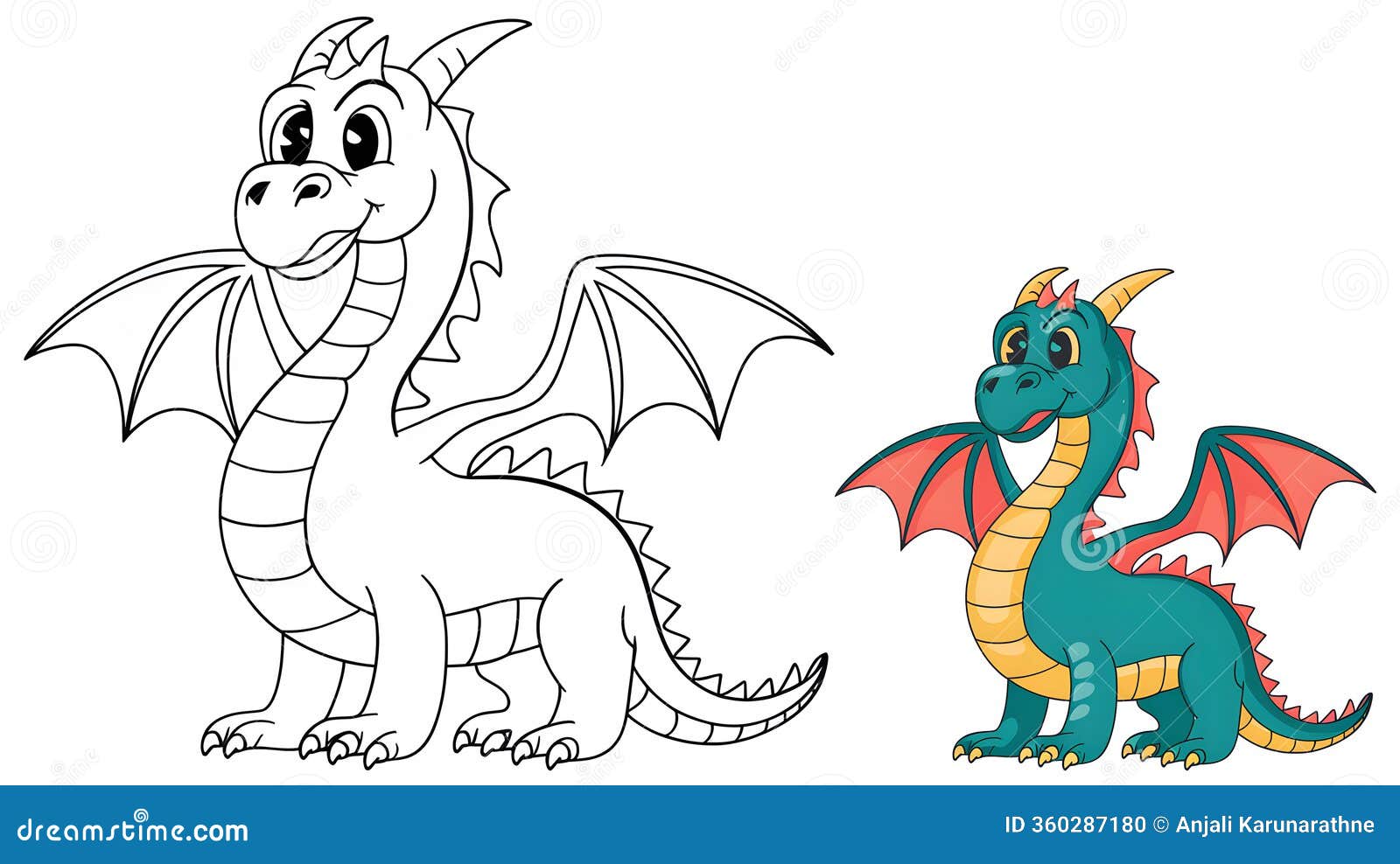Dragon Coloring Page with a Colored Example in Cartoon Style, White ...