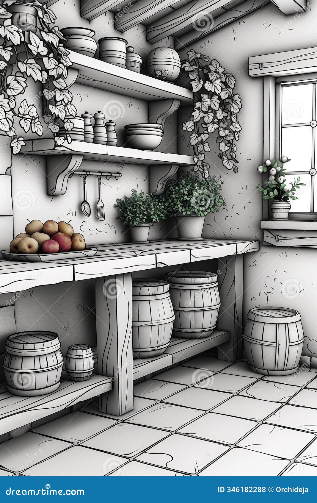 Cartoon-style Drawing of a Kitchen with Various Pots and Pans Stock ...