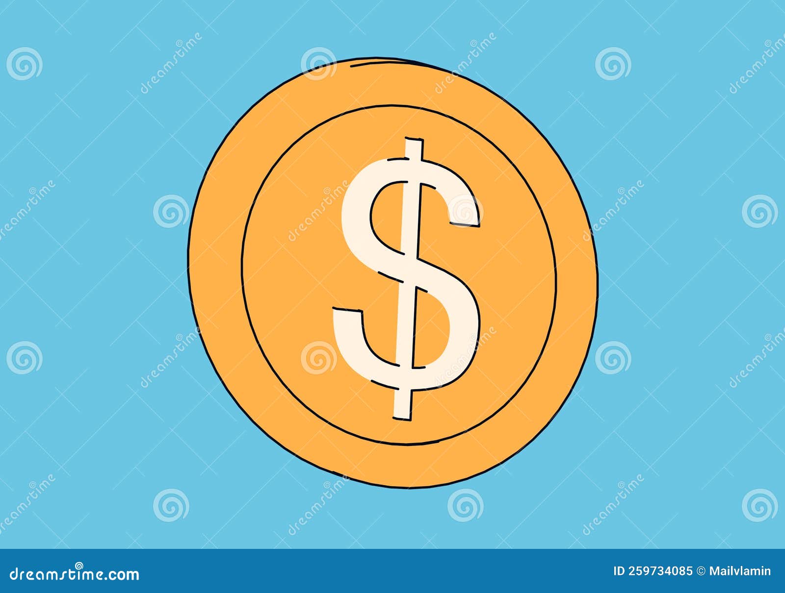 Cartoon-style Drawn Dollar Coin on Blue Background Stock Illustration ...