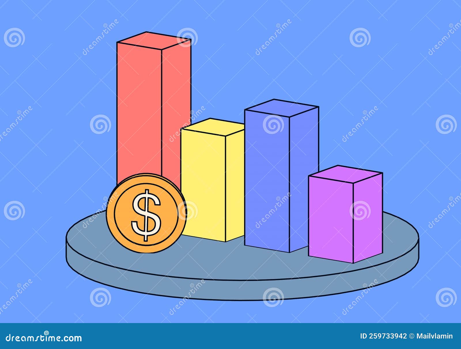 Cartoon Style Financial Chart and Dollar Coin in the Foreground Stock ...