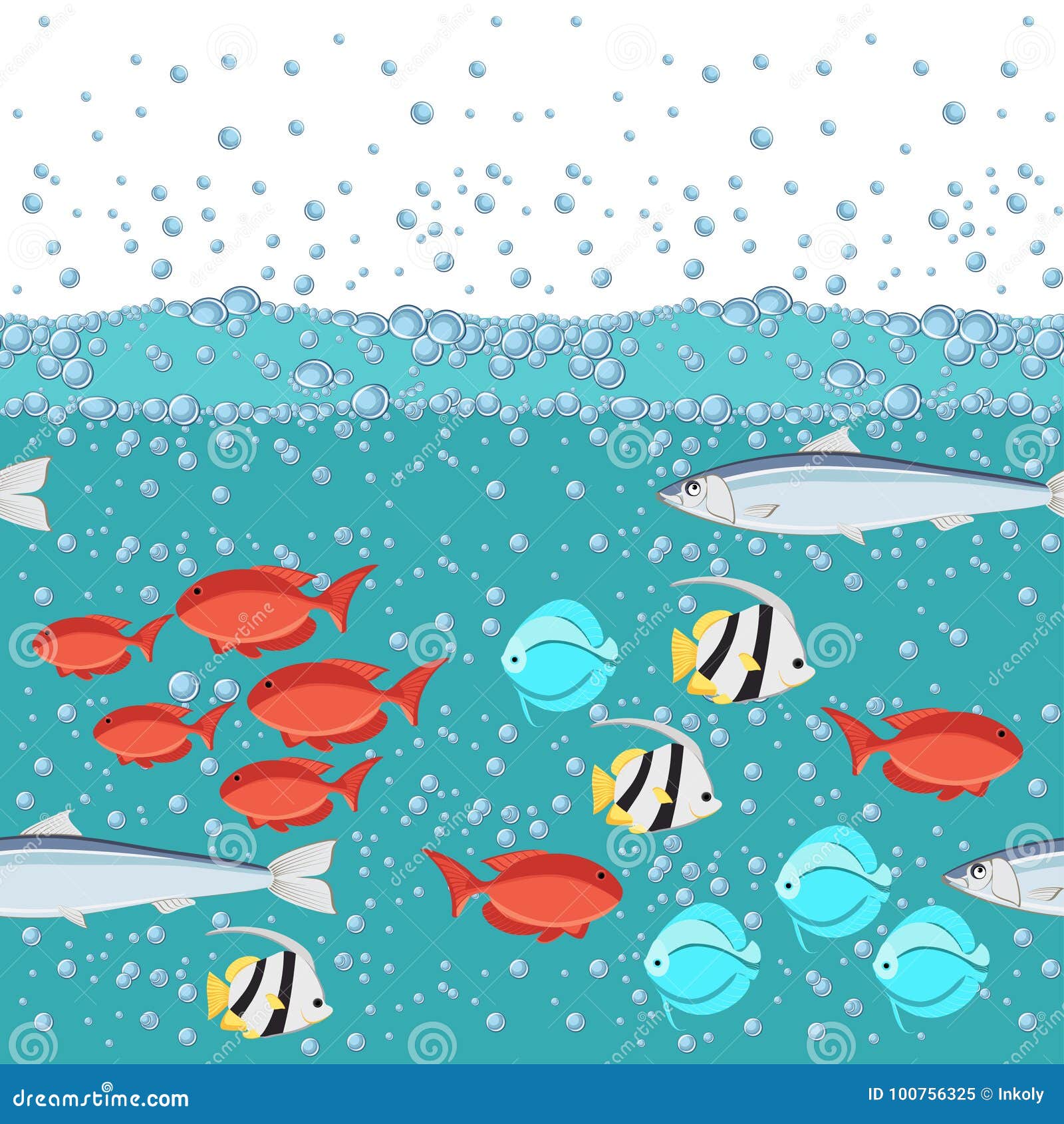 Cartoon Style Fish in the Ocean with Water Bubbles 2d Seamless Pattern ...
