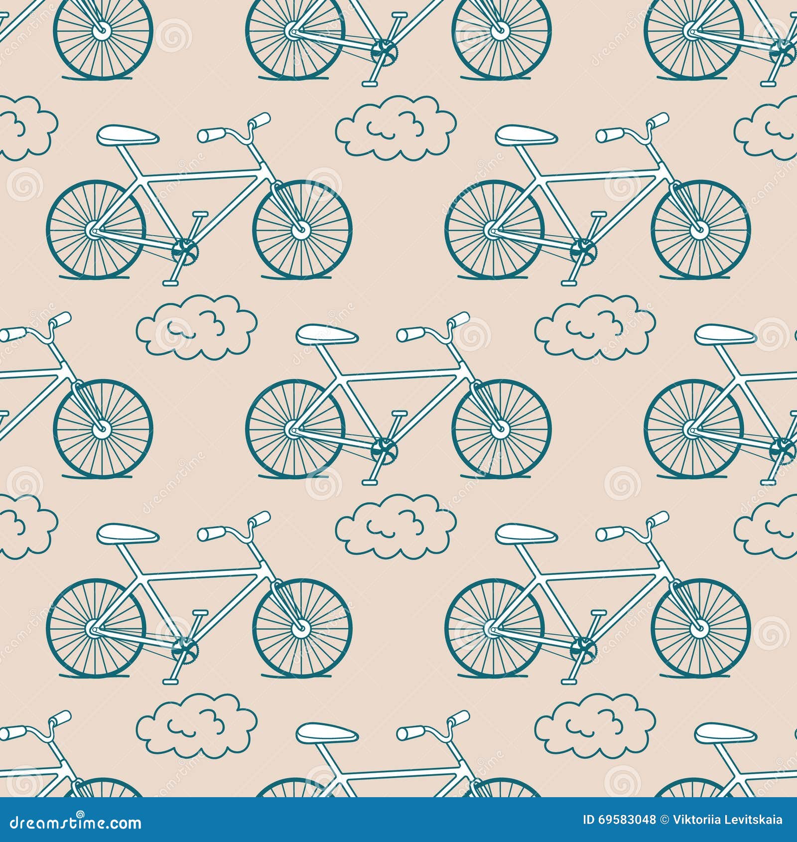Cartoon Style Hand Drawn Bicycle and Clouds Seamless Pattern Stock ...