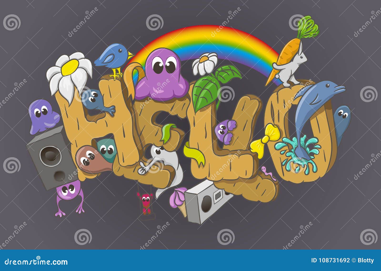 Cartoon Style Hello Word with Cute Monsters Stock Vector - Illustration ...