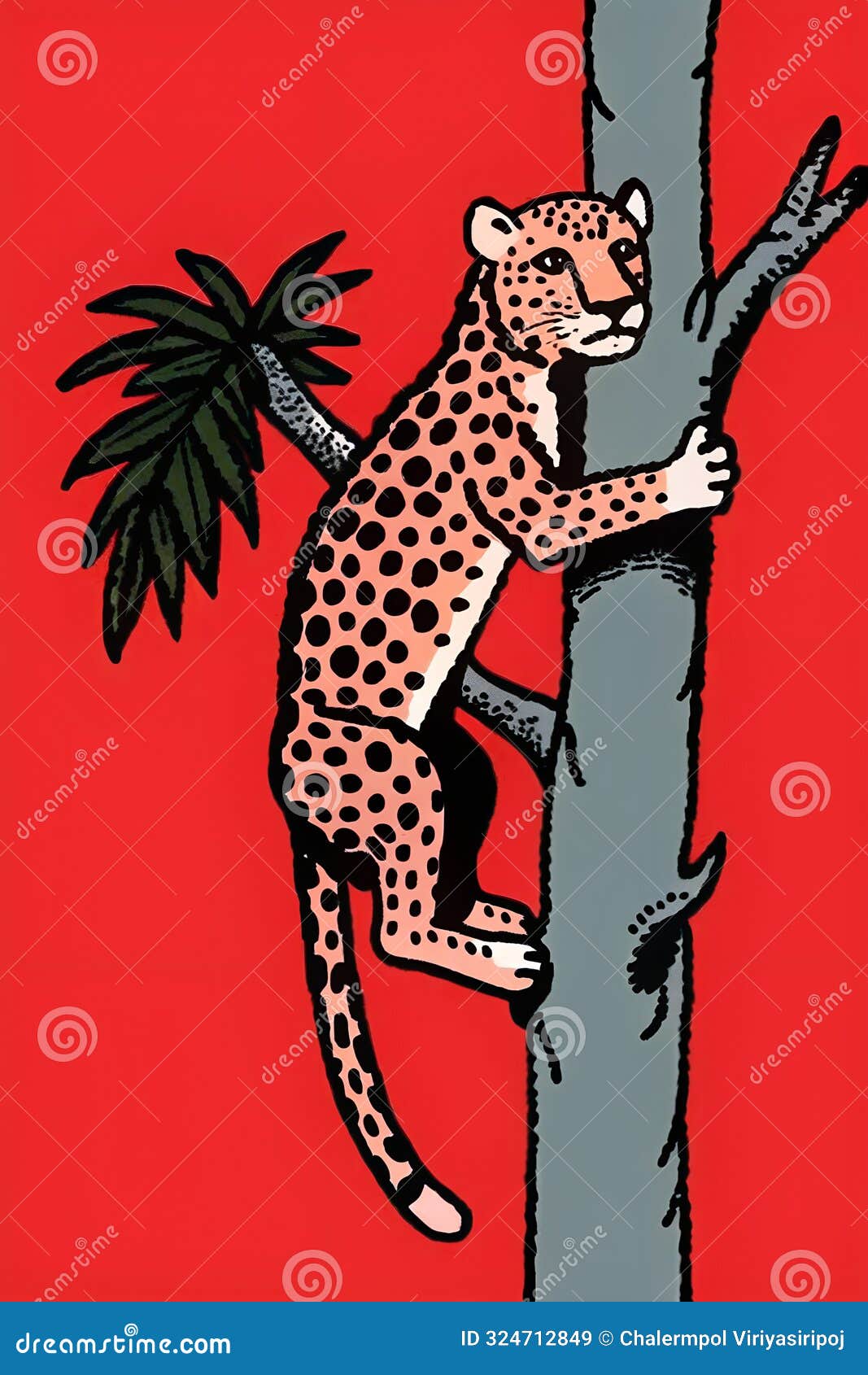 Cartoon Style Illustration of a Leopard Climbing a Tree in the Jungle ...