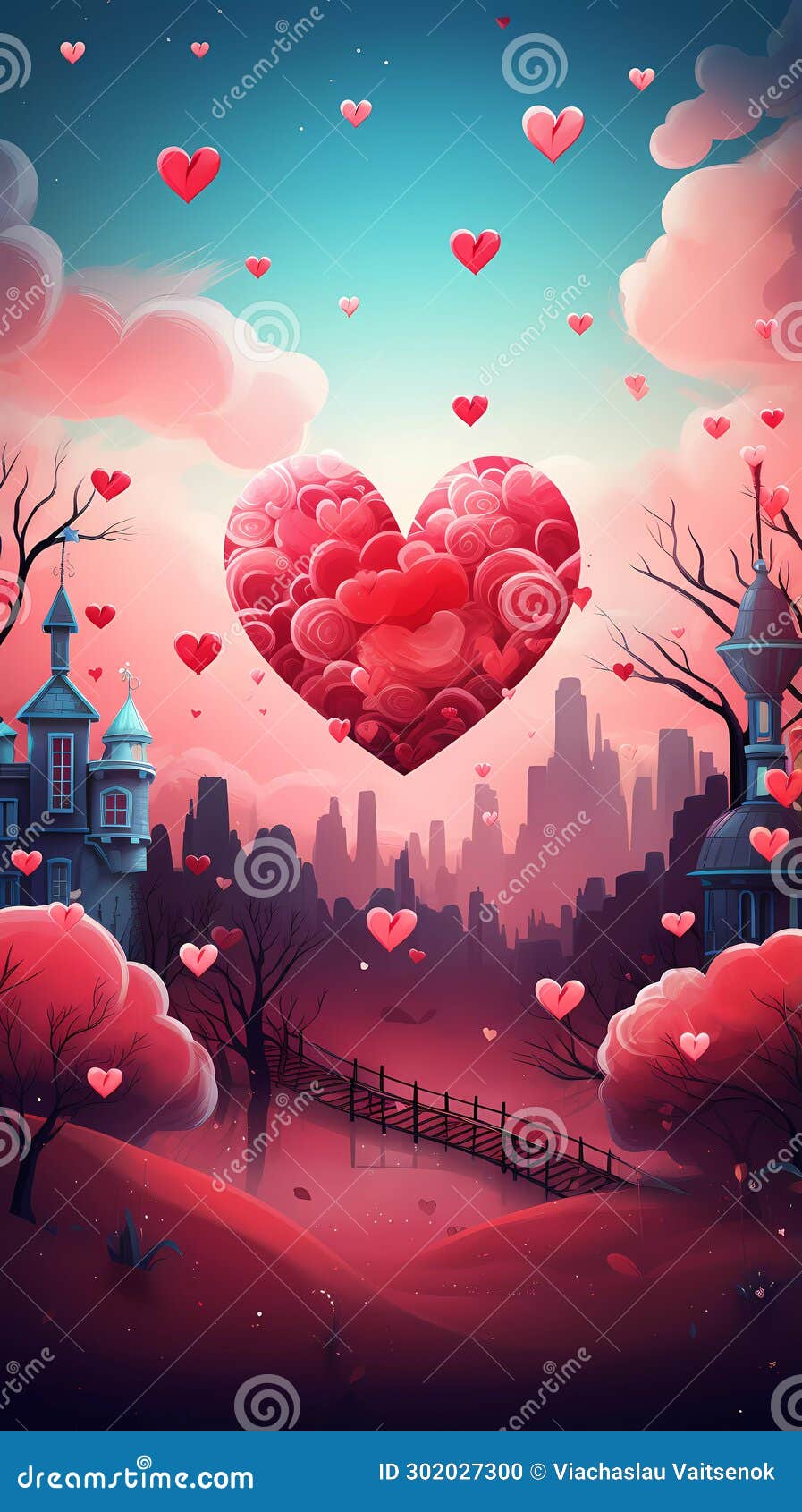 Cartoon Style Illustration of a Romantic Landscape Stock Illustration ...