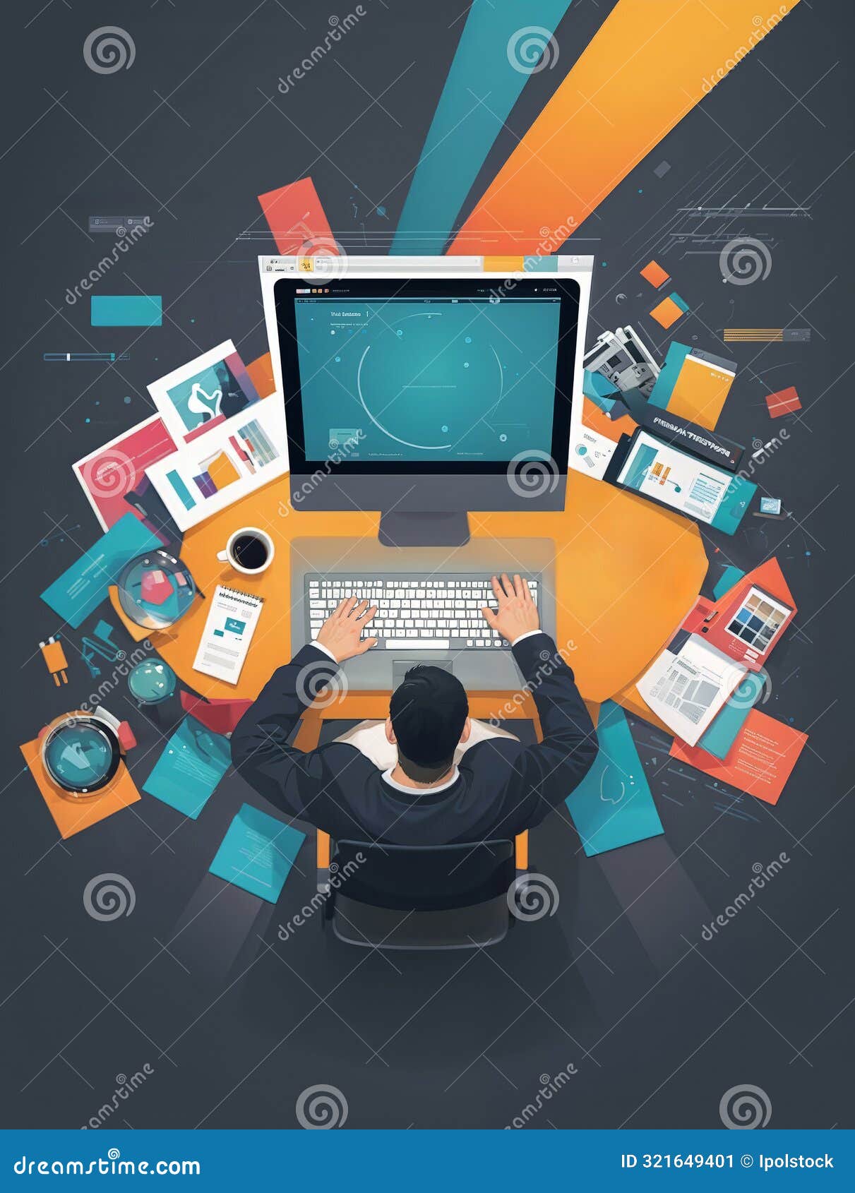 Cartoon Style Image of a Professional Working at a Desk with a Computer ...