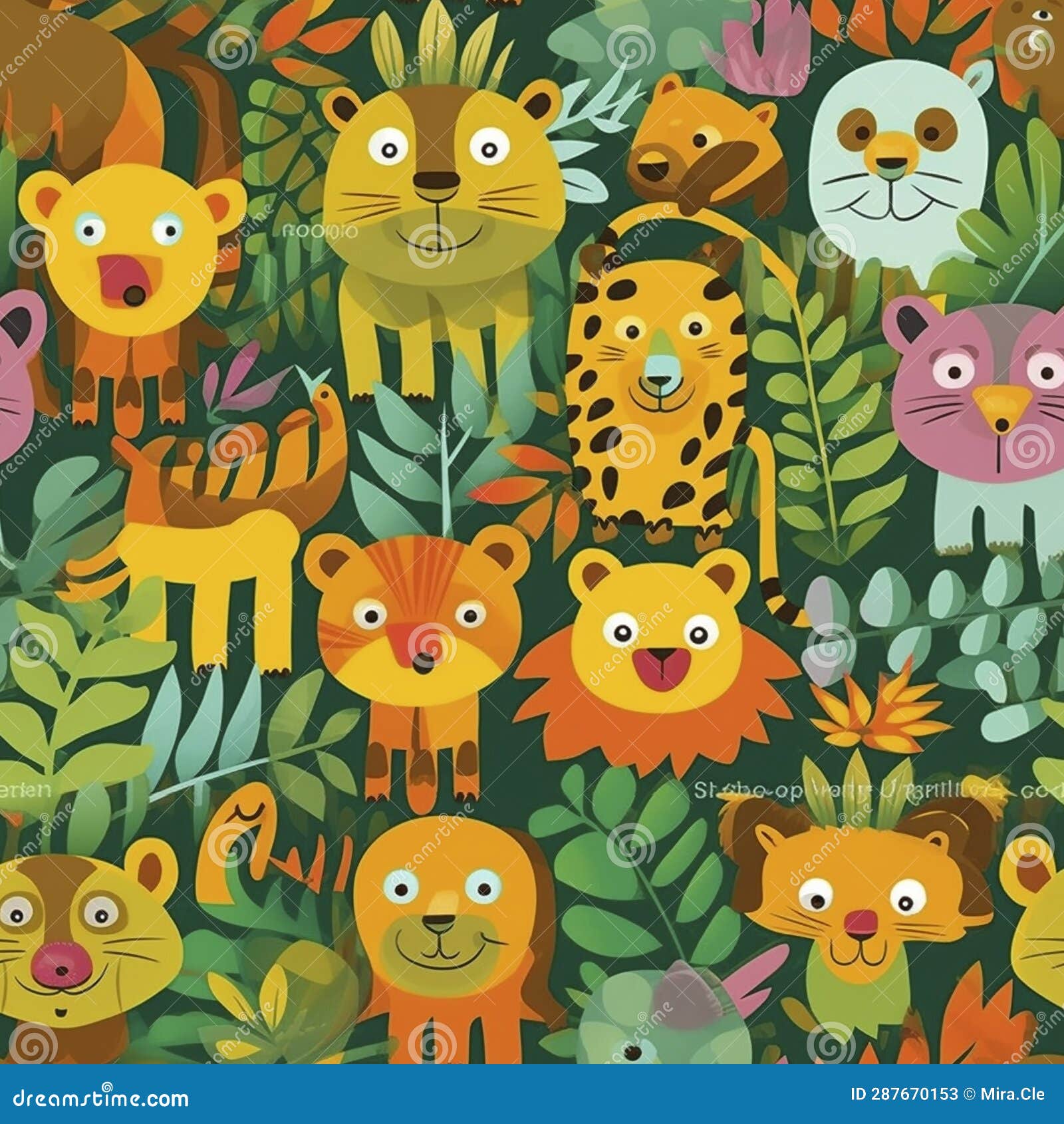 Cartoon Style Jungle Creatures Seamless Pattern, Created with ...