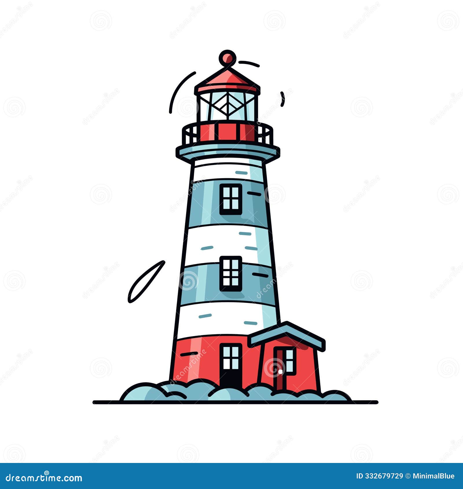 Cartoon Style Lighthouse Icon with Red and Blue Stripes on White ...