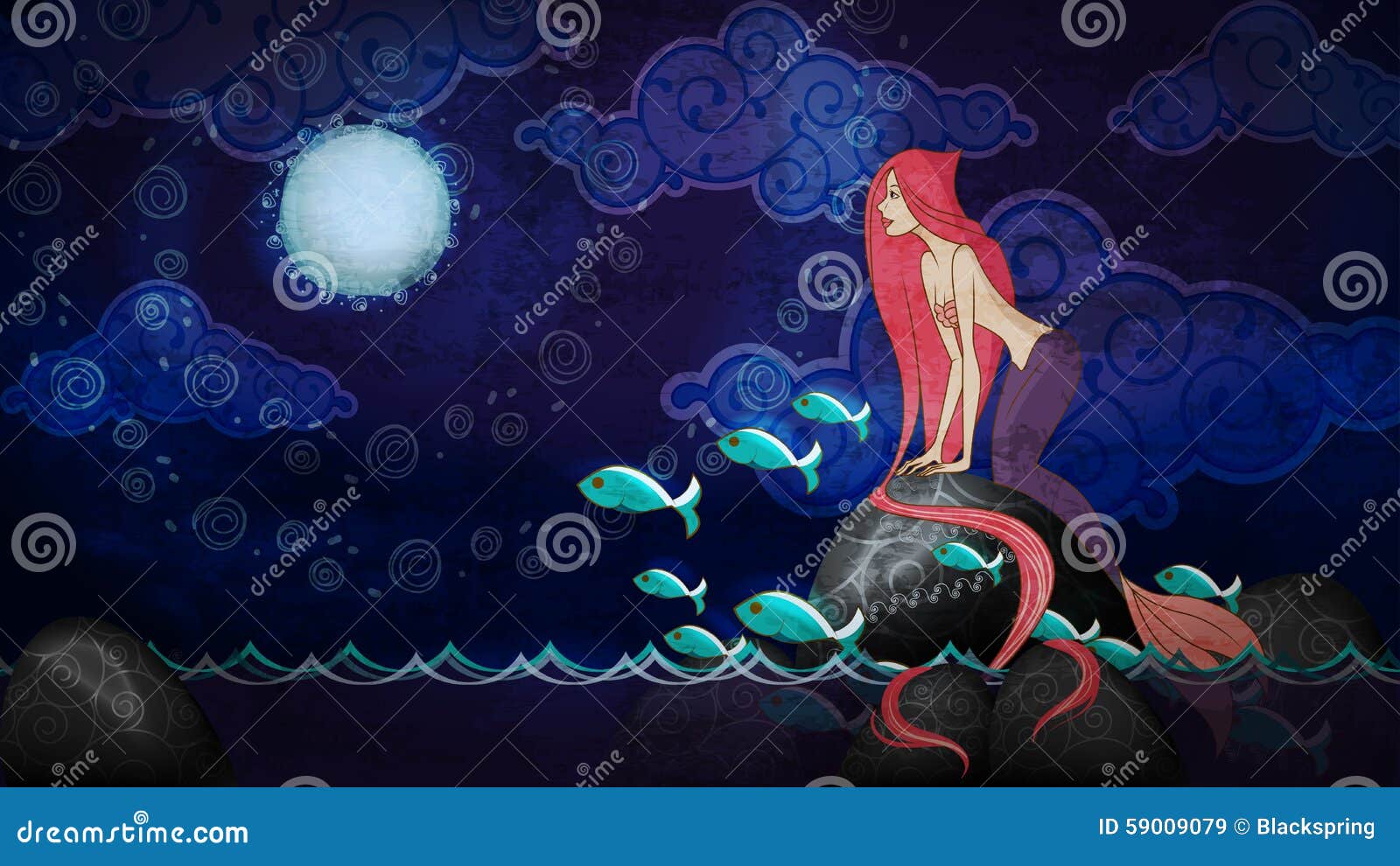 Cartoon Style Mermaid Sitting on the Stone in the Night Stock Vector ...