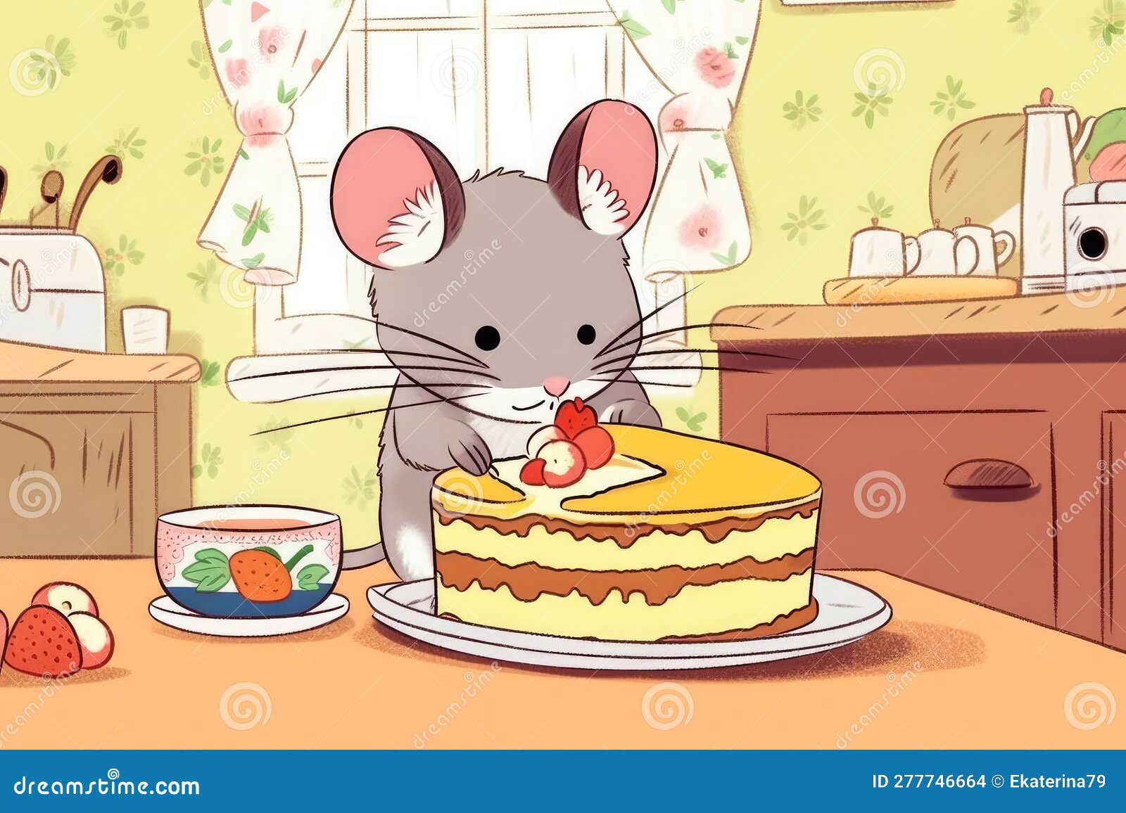 A Cartoon Style Mouse Eating a Cake in a Kitchen. Created with ...