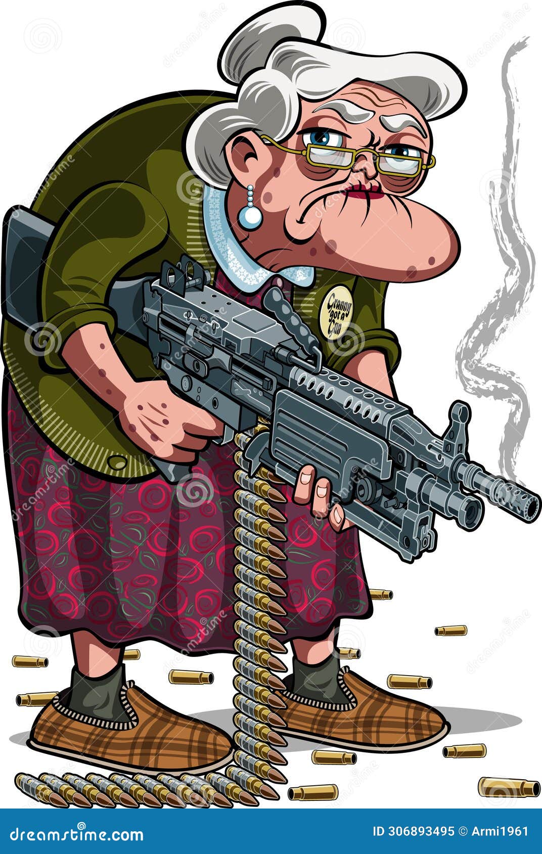 Cartoon Style Old Grumpy Woman Hold Light Machine Gun Stock Vector ...
