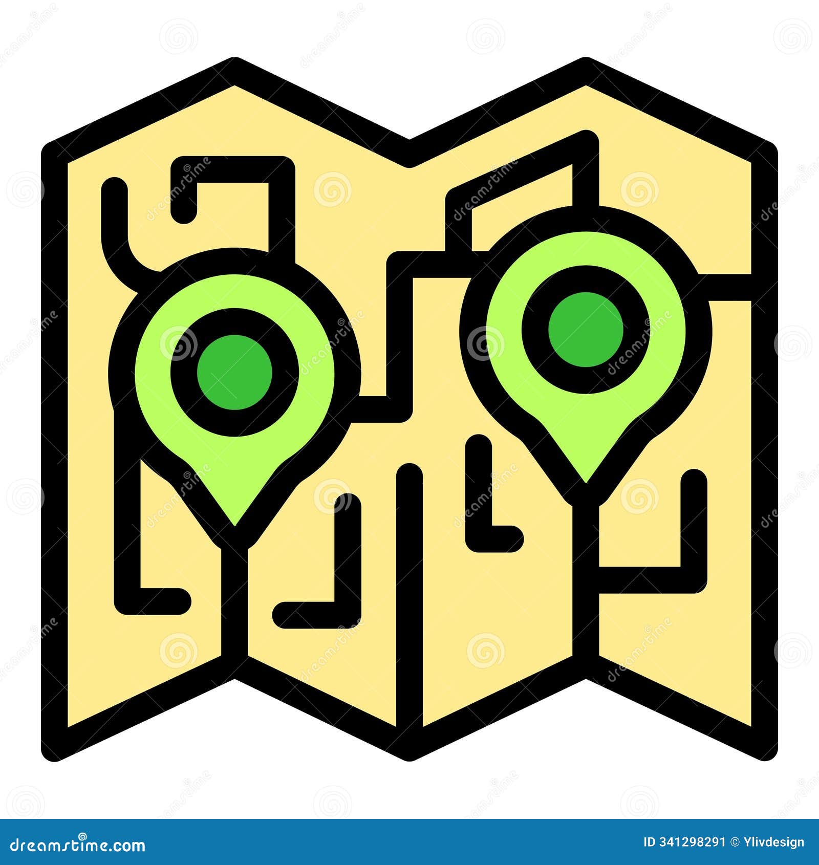 Paper Map Showing Route Between Two Points Marked With Location Pins ...