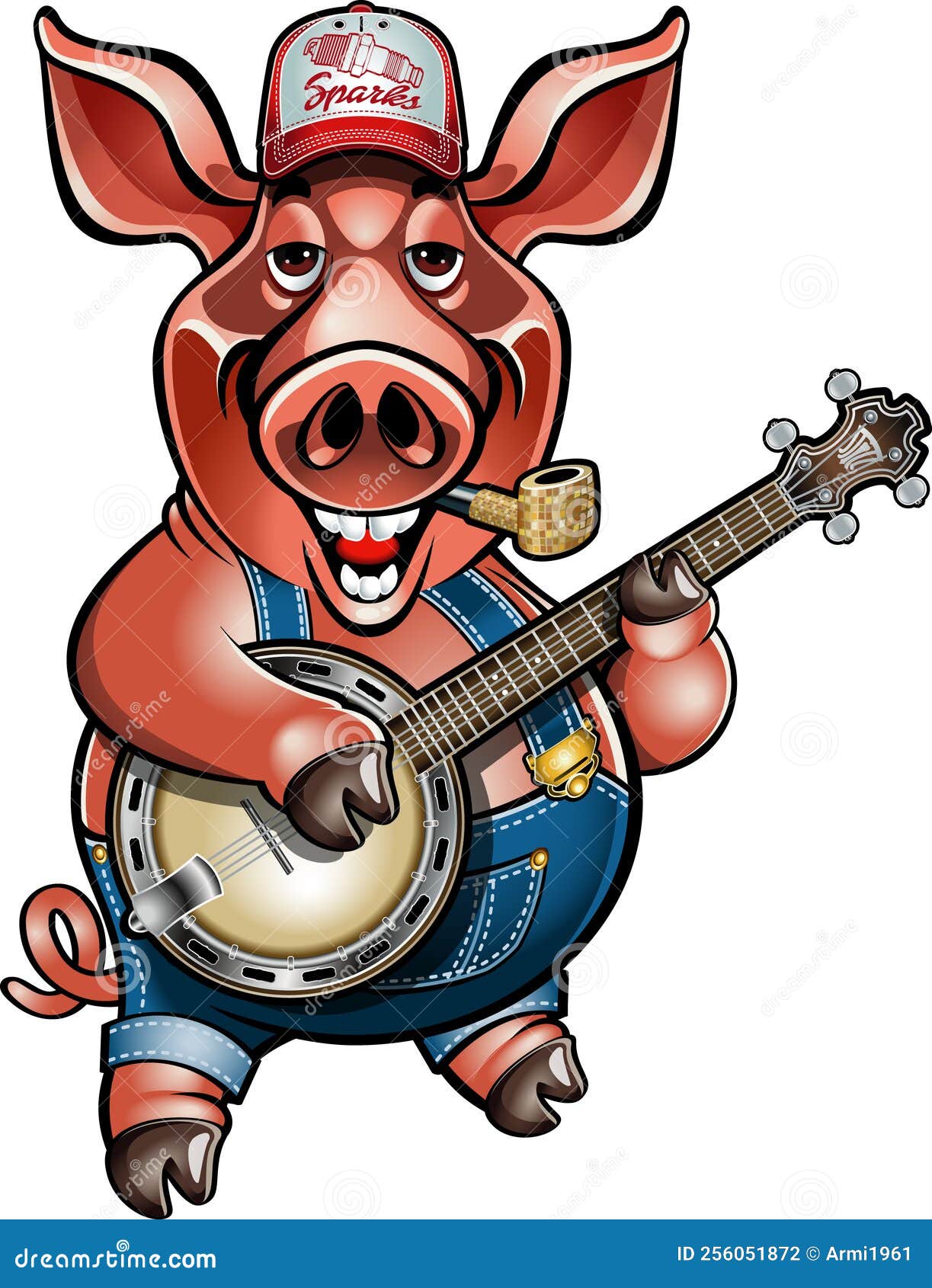 Cartoon Style Pig in Overalls Playing Banjo Stock Vector - Illustration ...