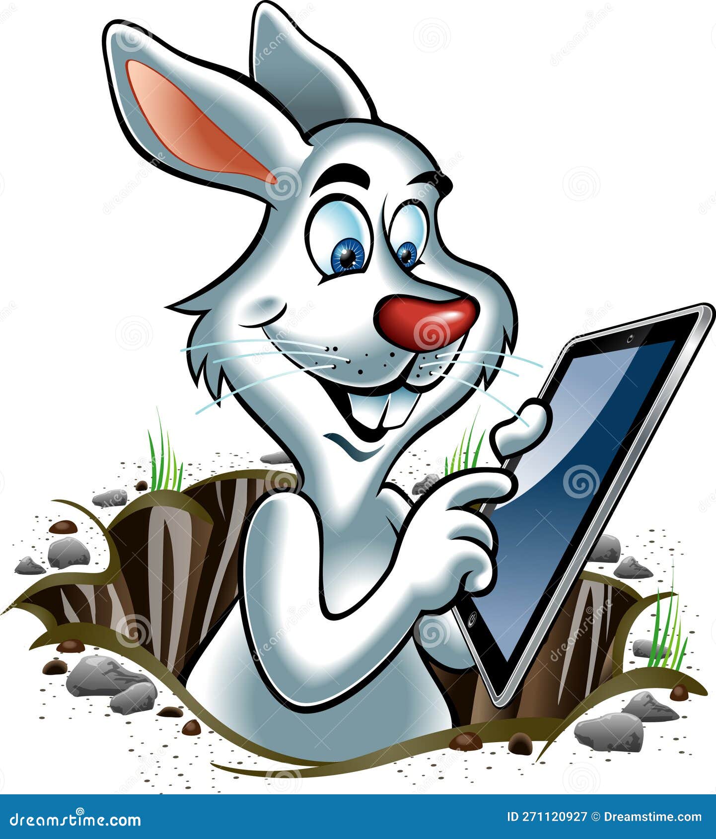 Cartoon Style Rabbit in Hole Operating Tablet Computer Stock Vector ...