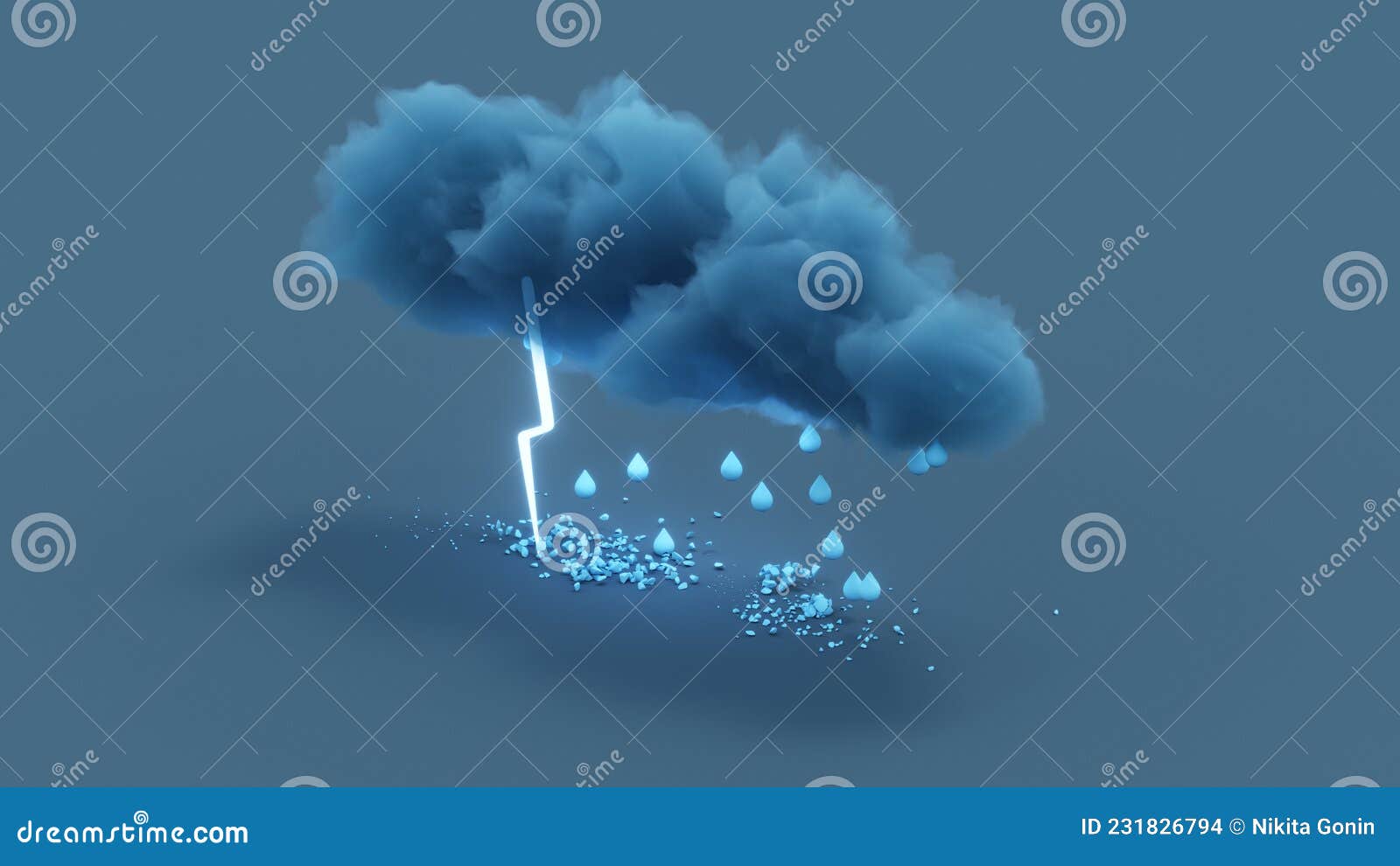 Cartoon Style Raining Cloud with Thunderstorm 3D Render Stock ...