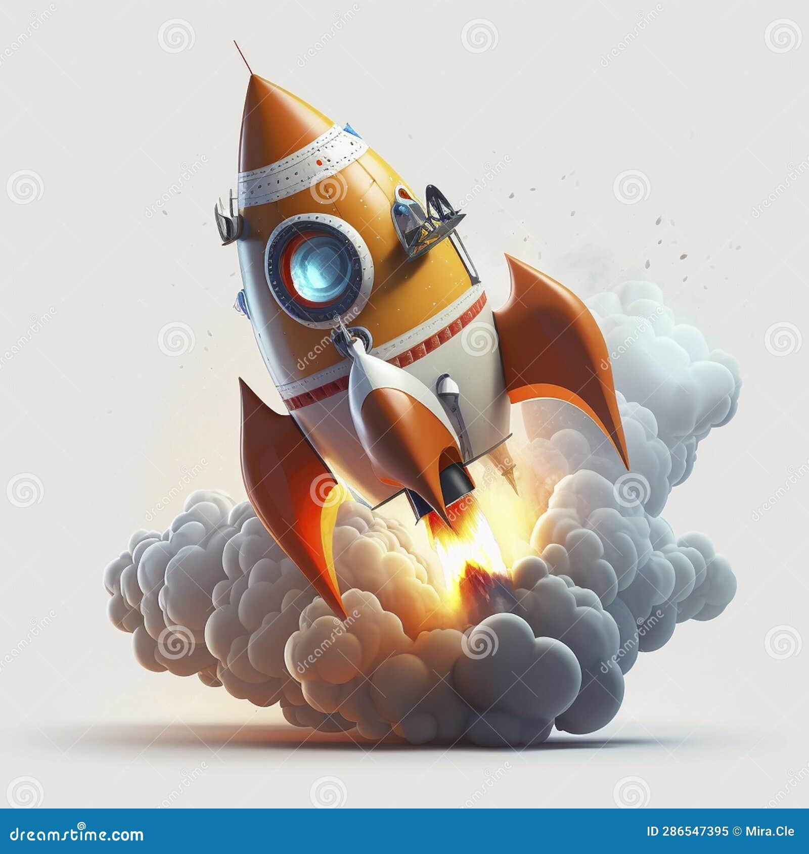 Cartoon Style Rocket Take Off in Smoke on White Background, Created ...