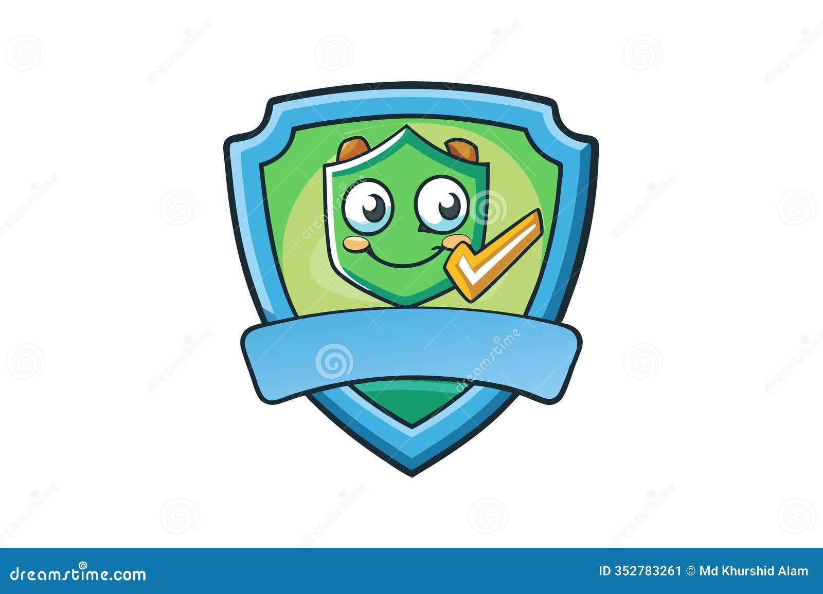 Cartoon Style Shield Icon with Smiling Face and Checkmark Symbolizing ...