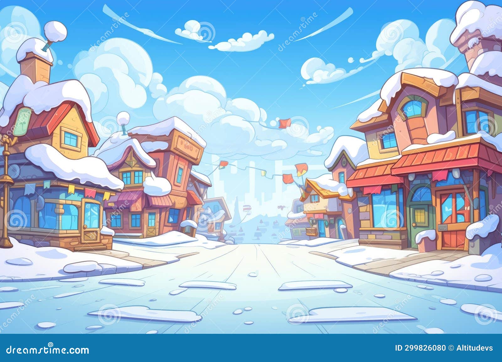 Cartoon-style Snowy Street with Clouds in the Backdrop Stock Photo ...