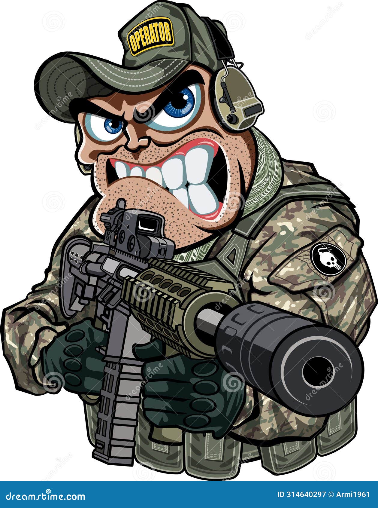 Cartoon Style Special Operator Soldier Aiming Silenced Assault Rifle ...