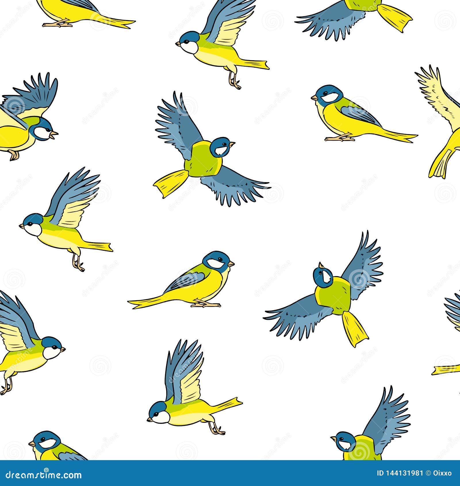 Cartoon Style Titmouse Spring Birds Colorful Seamless Pattern Stock ...