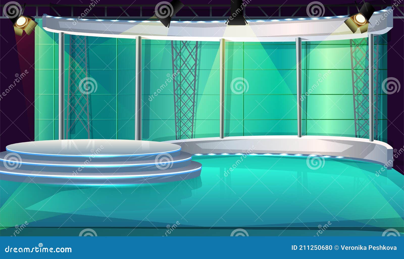 Cartoon Style TV Show Studio Interior with Stage and Spot Lights Stock ...