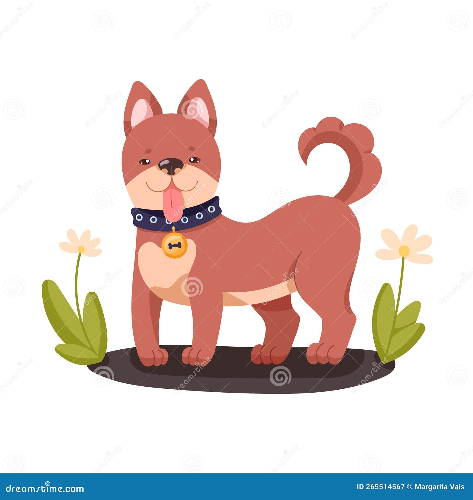 Cartoon Style Vector Image of a Cute Brown Dog with a Bell on a Dog ...