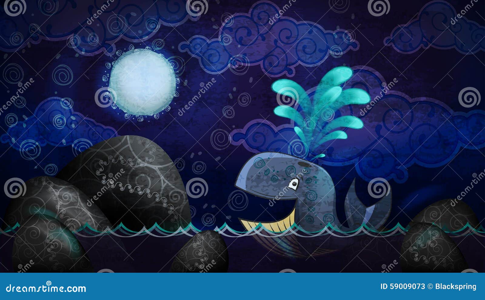 Night Sea With Whale And Starry Sky. Whale Constellation. Cartoon ...