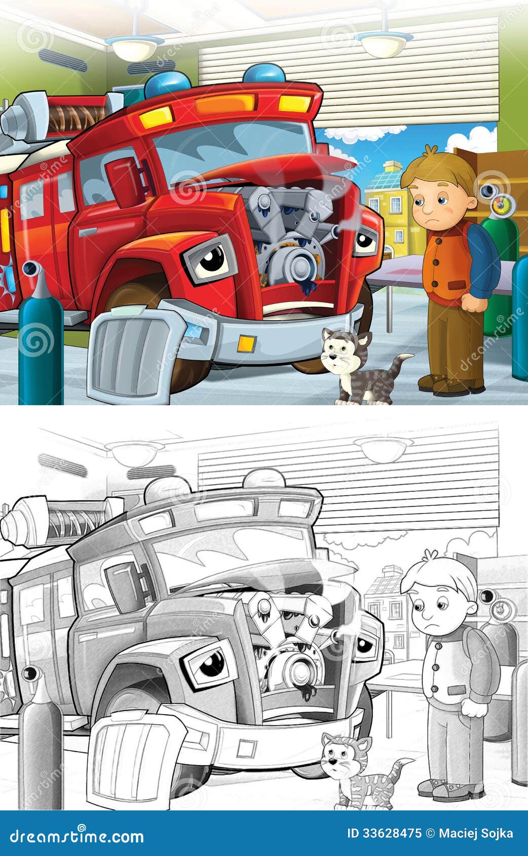 Cartoon Styled Machine Coloring Page Stock Illustration - Illustration ...
