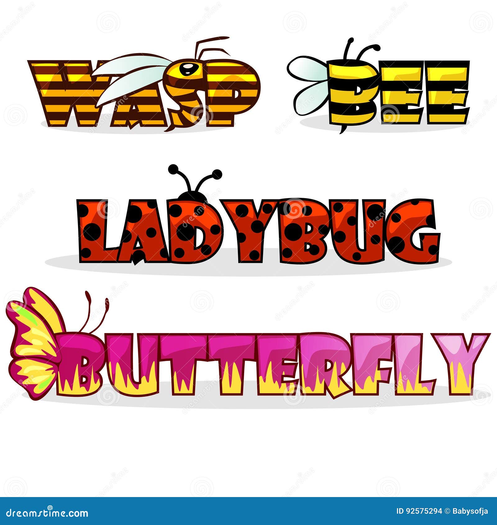 Cartoon Stylised Text Insects. Name Bee, Butterfly and Ladybug Stock ...