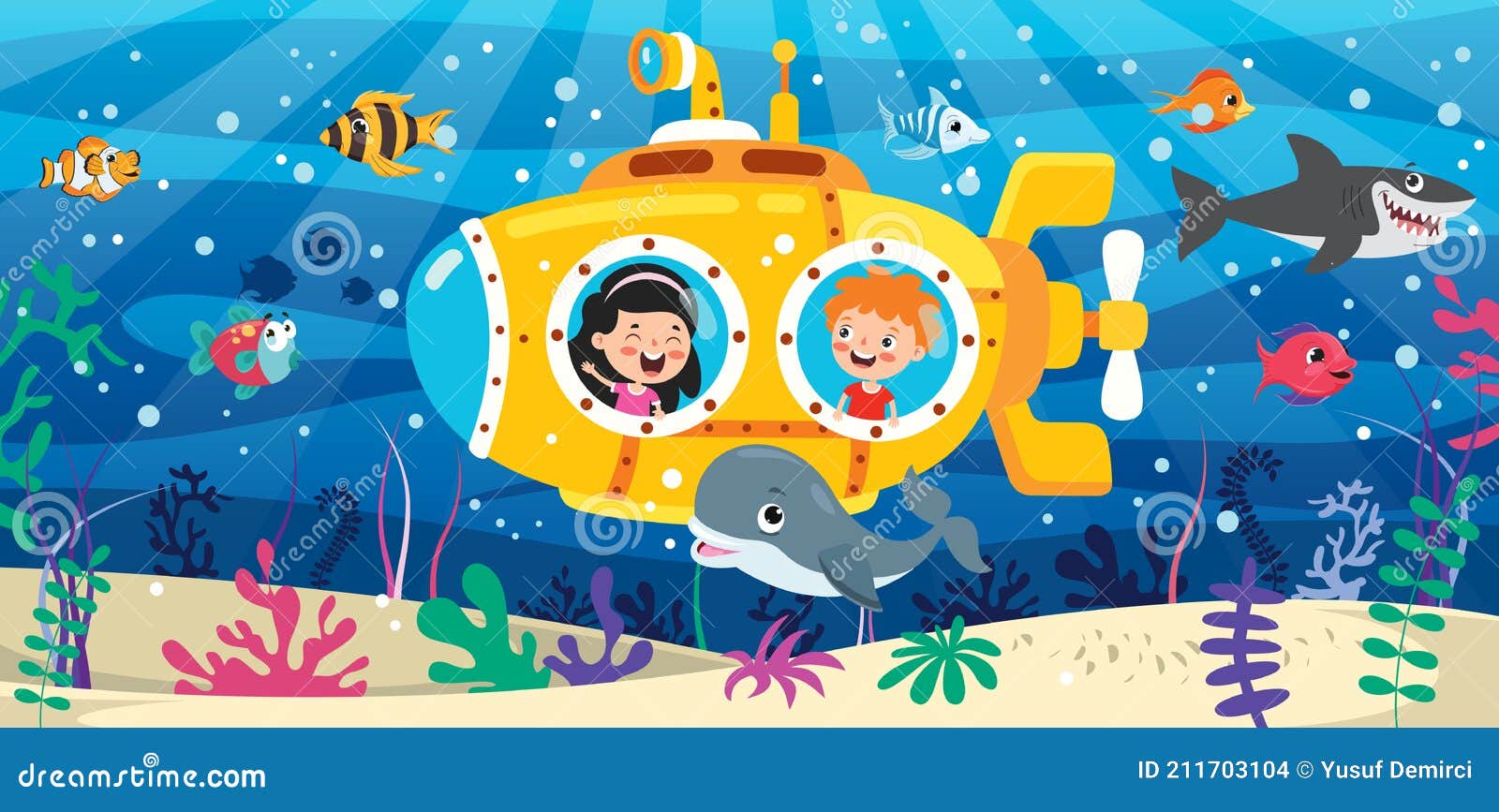 Cartoon Submarine Under the Sea Stock Vector - Illustration of fish ...