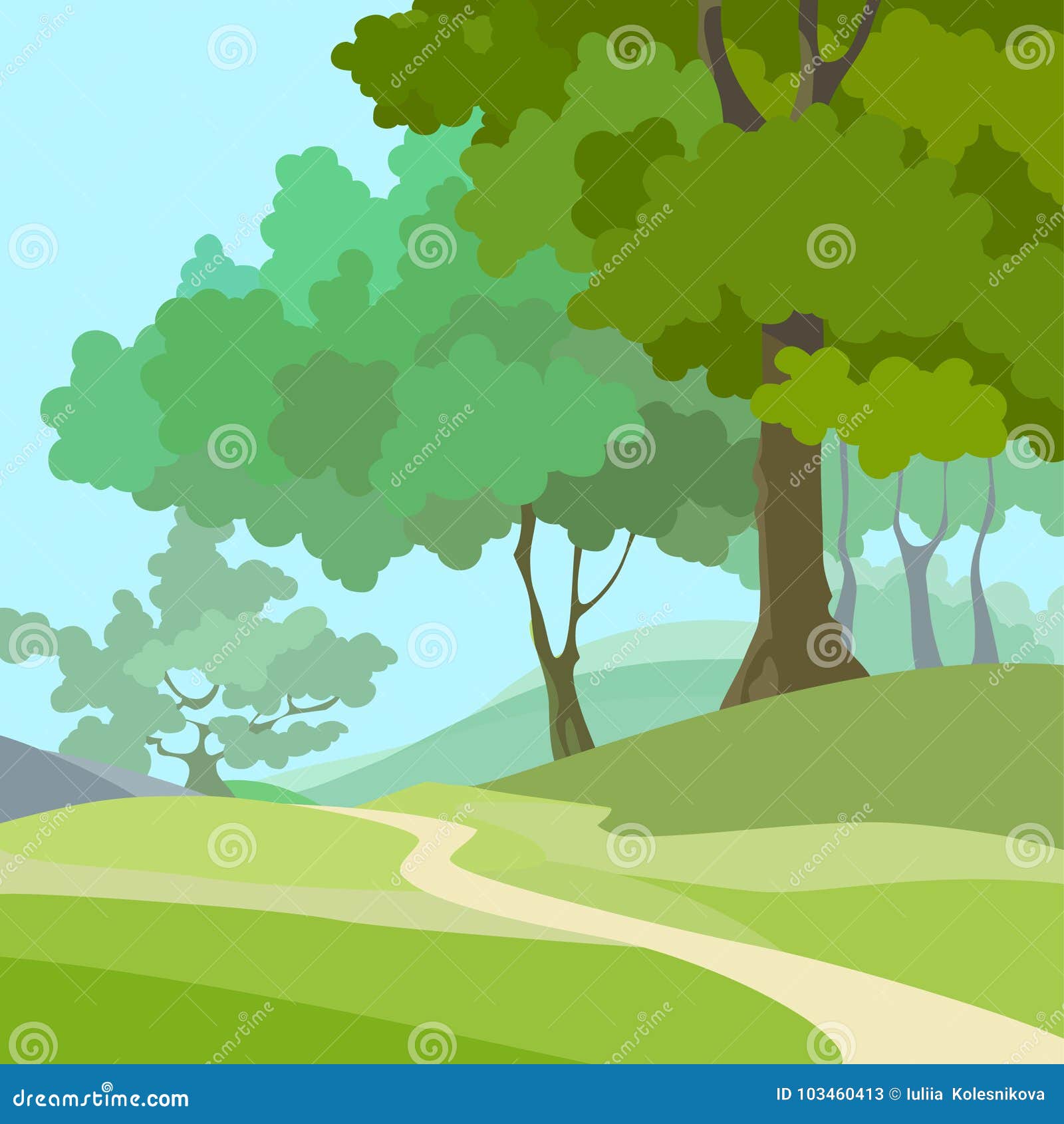 Cartoon Summer Background with Green Trees and Path Stock Vector ...