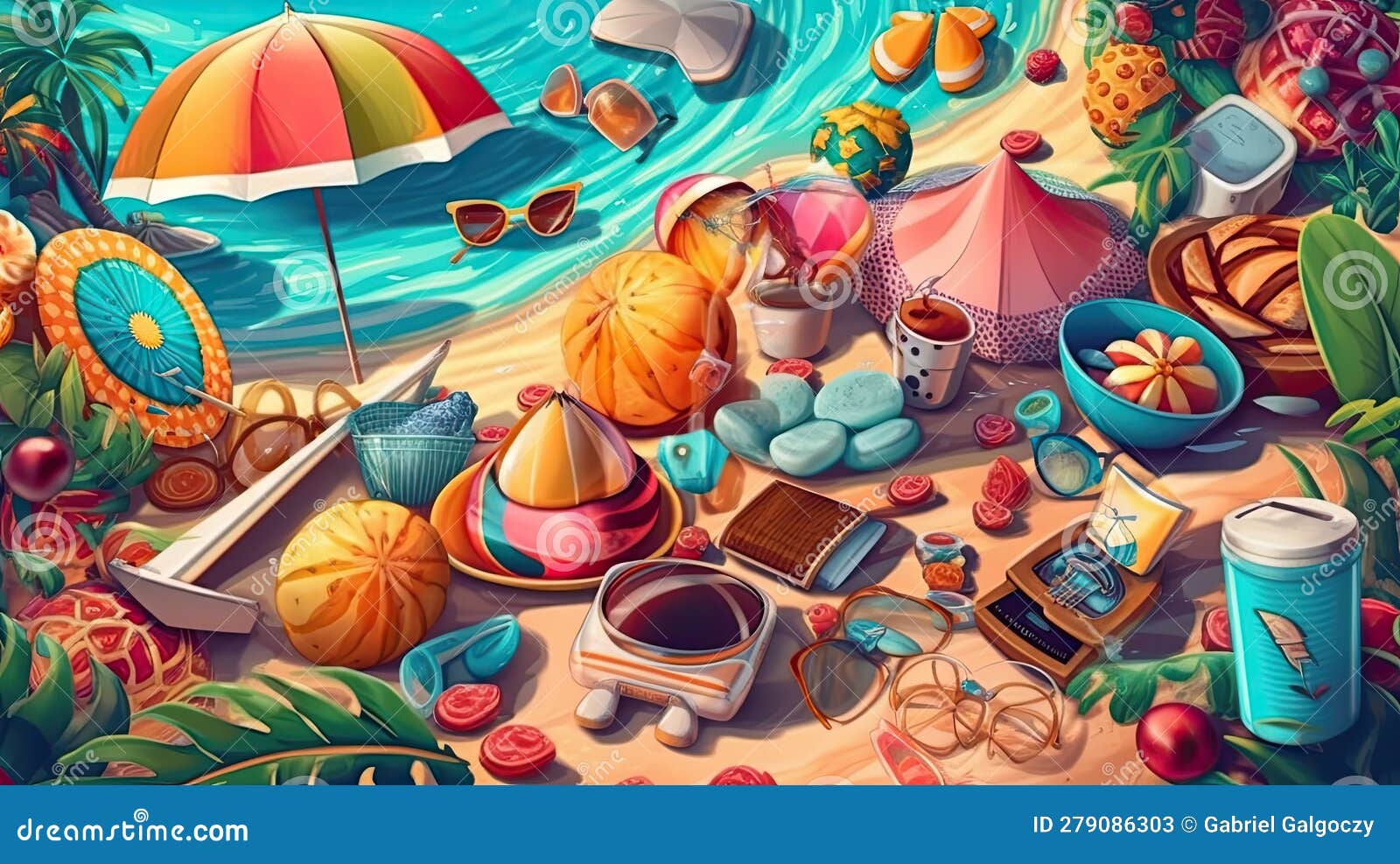 Cartoon Summer Beach Scene with a Lot of Objects Stock Illustration ...