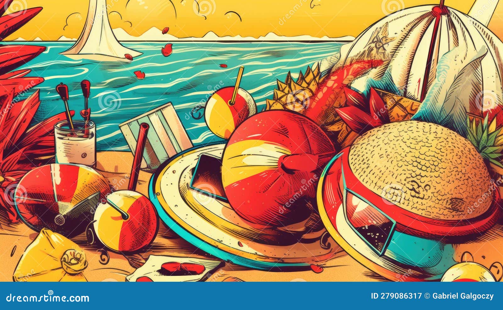 Cartoon Summer Beach Scene with a Lot of Objects Stock Illustration ...