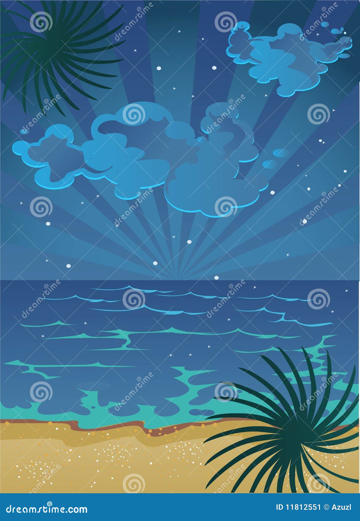 Cartoon Summer Nocturnal Beach with Clouds on Sky Stock Illustration ...