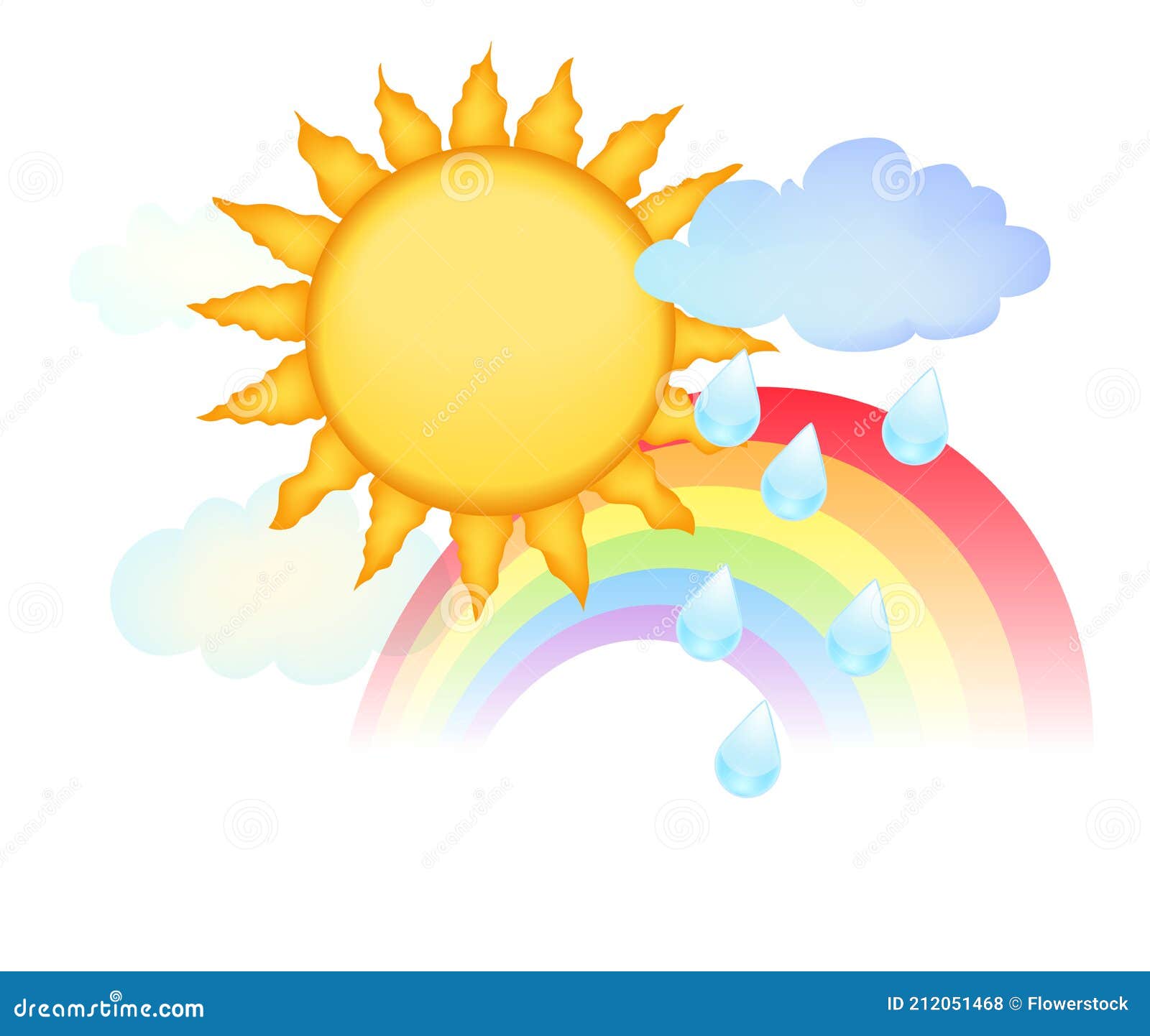 Cartoon Sun, Rain Drops, Clouds and Rainbow Stock Vector - Illustration ...