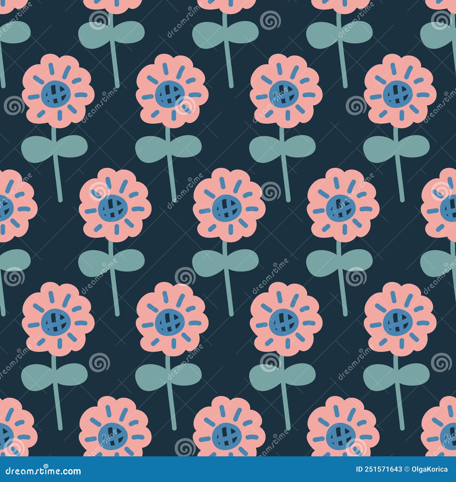 Cartoon Sunflower on Dark Simply Cute Seamless Pattern Stock Vector ...