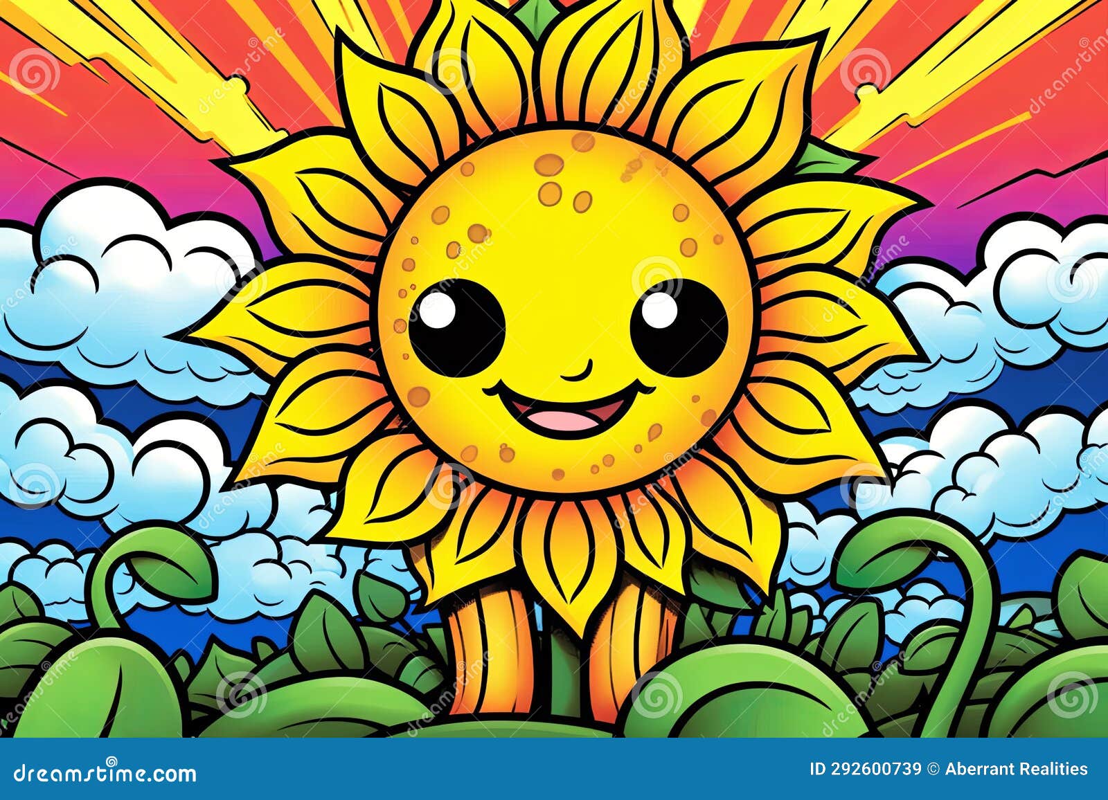 A Cartoon Sunflower with a Smiley Face on it Stock Illustration ...