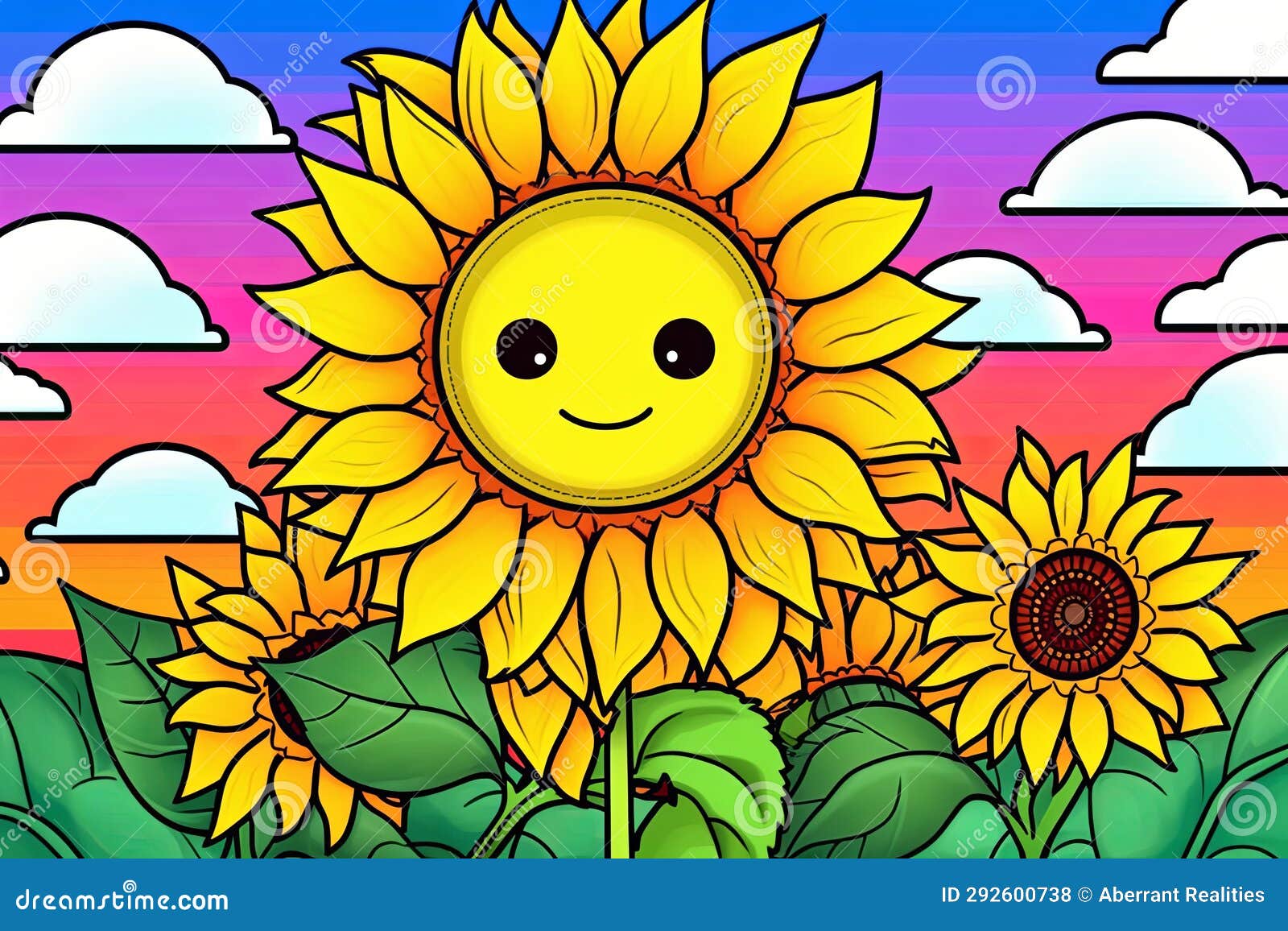 A Cartoon Sunflower With A Smiley Face And Clouds In The Background ...