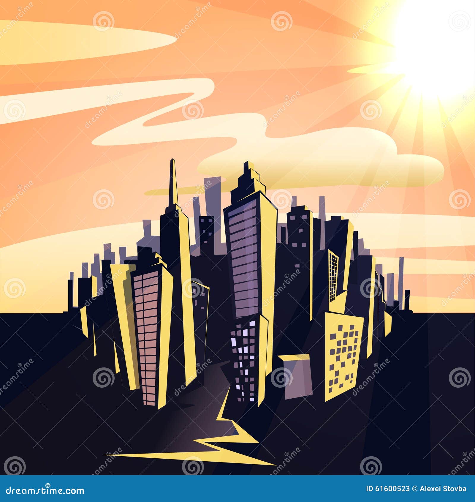 Cartoon sunset cityscape. stock vector. Illustration of vector - 61600523