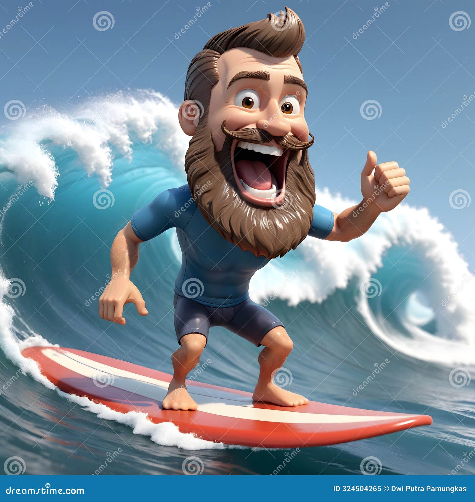 Beard Man 3D Cartoon Surfer Riding a Wave Stock Illustration ...
