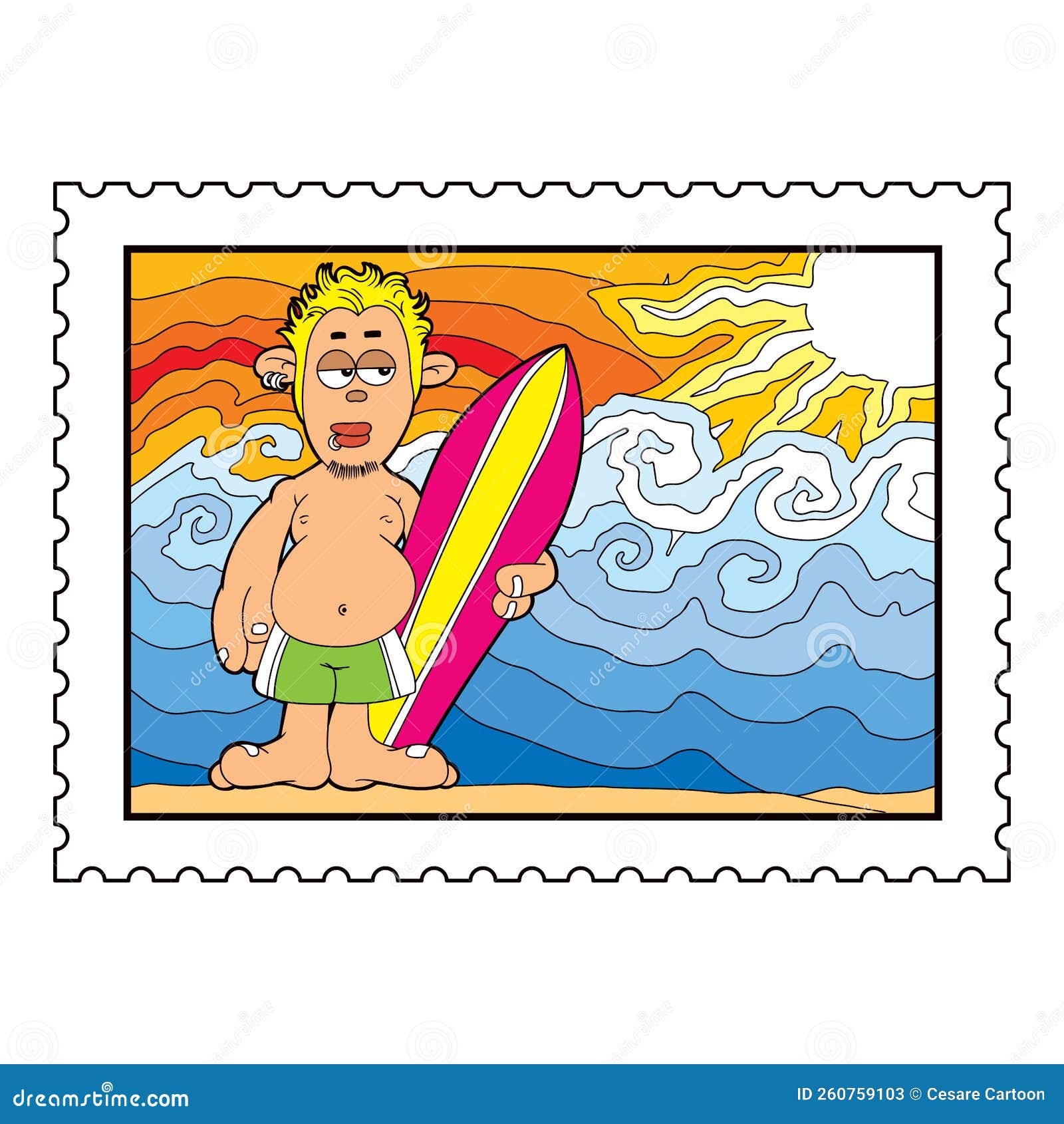 Cartoon surfer stamp stock vector. Illustration of design - 260759103