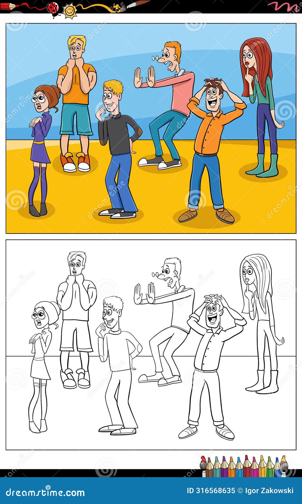 Cartoon Surprised People Group Coloring Page Stock Vector ...