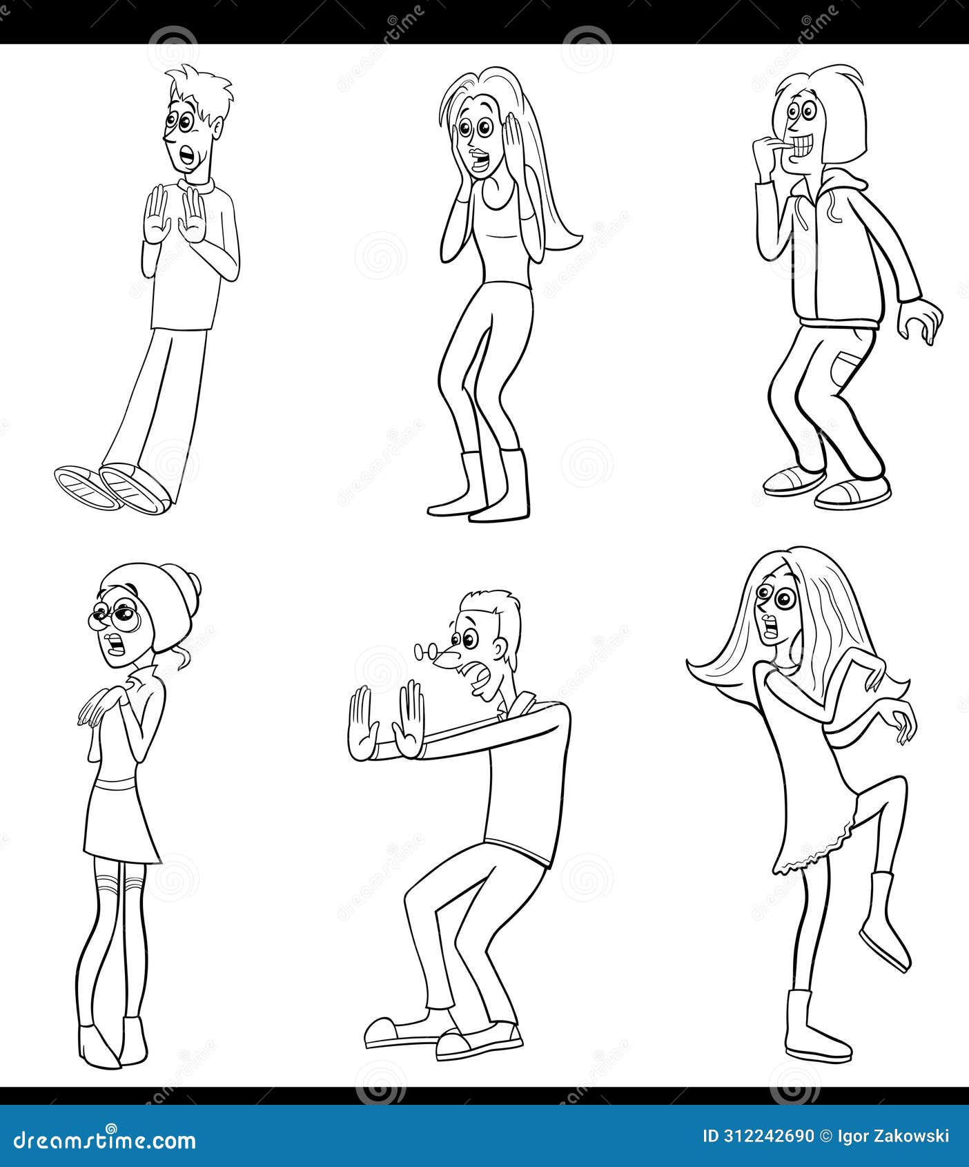 Cartoon Surprised Or Scared Comic Characters Set Coloring Page Vector ...