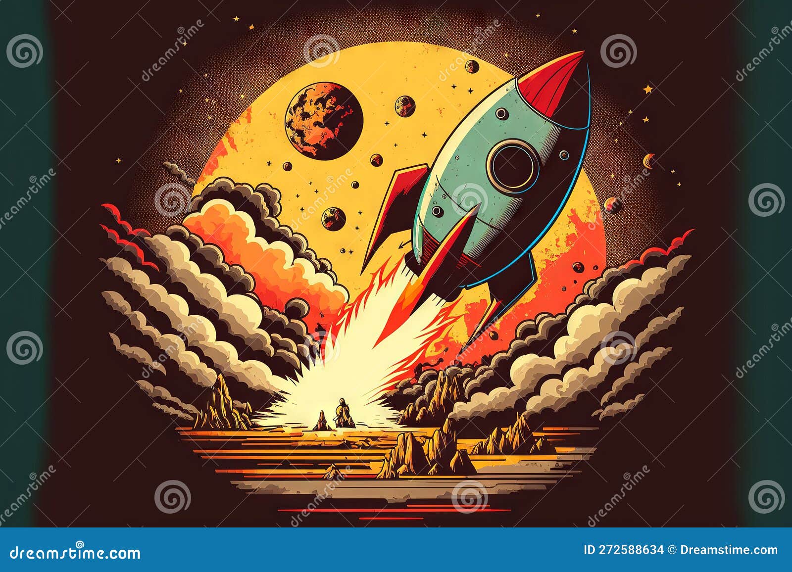 Cartoon Symbol Depicting a Rocket Going Off with a Planet and Meteorite ...