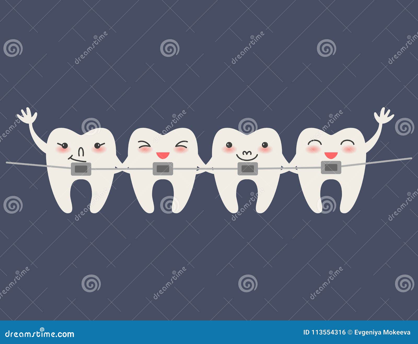 Cartoon Teeth With Braces On Blue Background Vector Illustration Stock