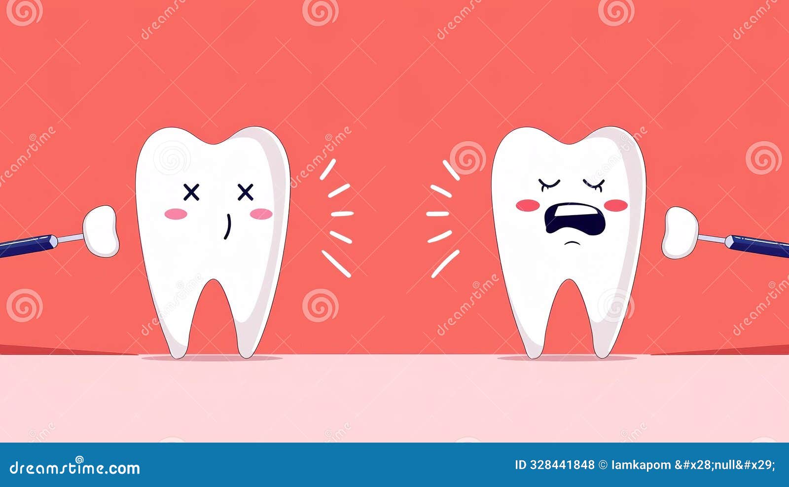 Cartoon Teeth with Dental Tools, One Healthy and One with a Cavity ...