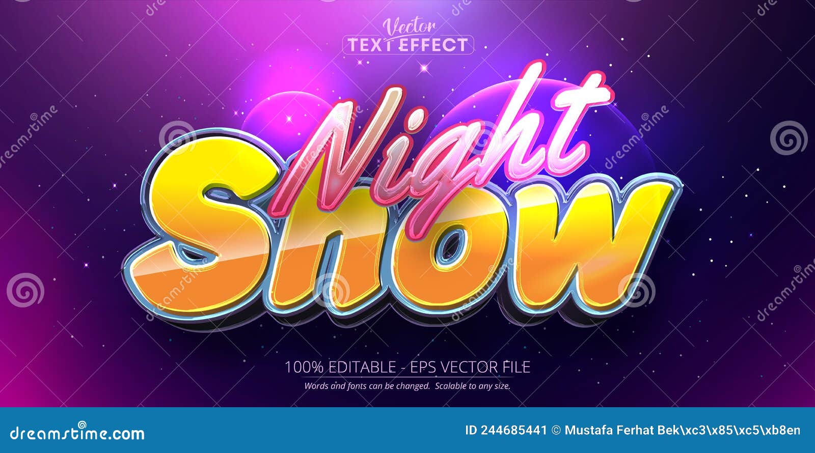 Night Show Words Under Spotlights On Blue Curtain Background. Vector ...