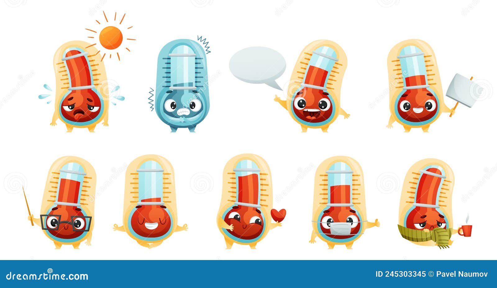 Cartoon Thermometer Character in Different Activity Sweating, Freezing ...
