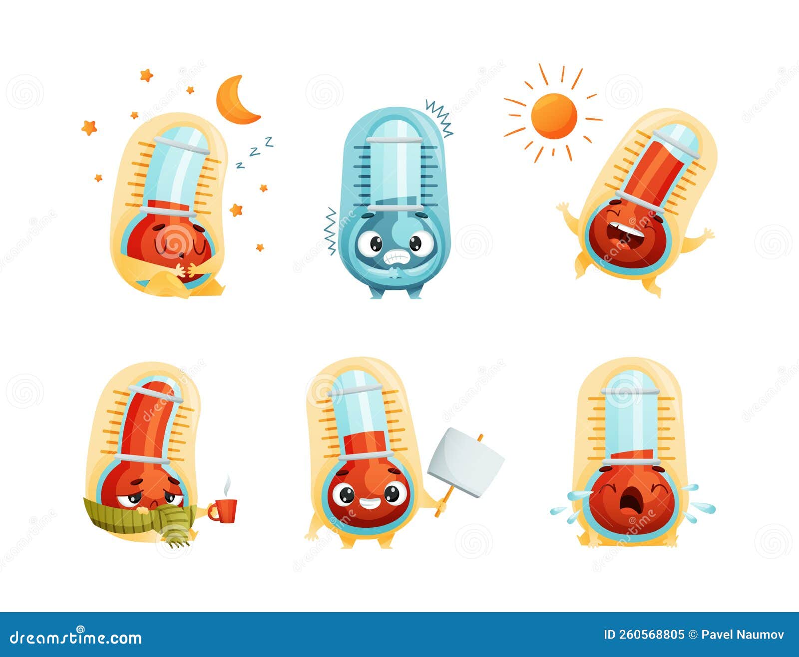 Cartoon Thermometer Character Engaged in Different Activity Vector Set ...